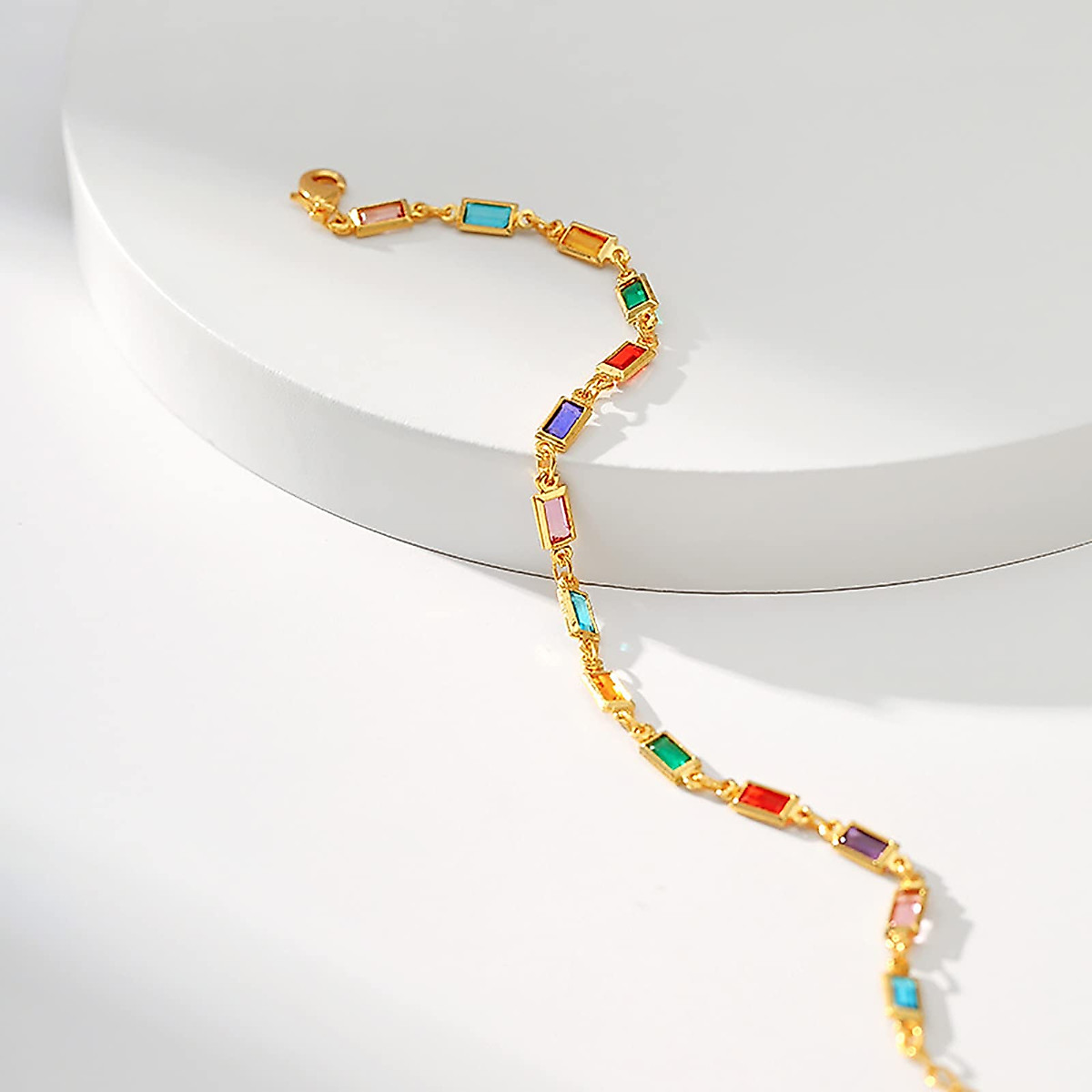 Colorful Crystal Bracelets for Women 18 Gold Plated Dainty Gold Square Crystal Charm Bracelet Cute Bracelet for Teen Girls