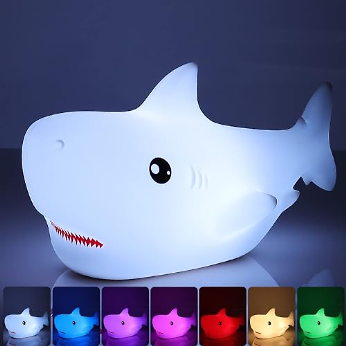 LOVERUIS Cute Night Light for Kids Cute Shark Lamp, Animal Lamp 7 Color Lamp Nightlights Birthday Christmas Gift for Children with USB Rechargeable,Kids Silicone Lamp Kawaii Room Decor