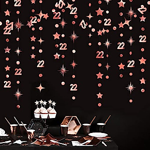 Rose Gold 22nd Birthday Decorations Number 22 Circle Dot Star Garland Streamer Bunting Banner Backdrop for Womens Feeling 22 Twenty Two Year Old Birthday Happy 22th Anniversary Party Supplies