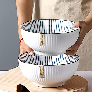 Hesen 60 oz Large Soup Bowl, Pho Bowls, Japanese Ramen Bowl Set, Big Porcelain Bowls Set of 3, 8 inches, Stripe Pattern