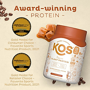 KOS Vegan Protein Powder, Salted Caramel Coffee - Low Carb Pea Protein Blend, Organic Plant Superfood Rich in Vitamins & Minerals - Keto, Dairy Free - Meal Replacement for Women & Men - 15 Servings