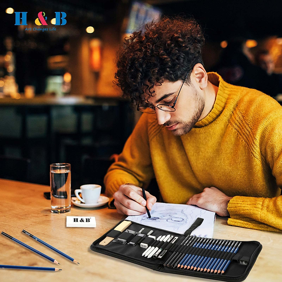 H & B Drawing Pencils Set, 33 Pieces Sketch Pencils & Drawing Kit, Complete Artist Kit Includes Sketch Pad, Graphite Pencils, Charcoal Sticks and Eraser, Art Supplies for Artists Beginner Adults Teens