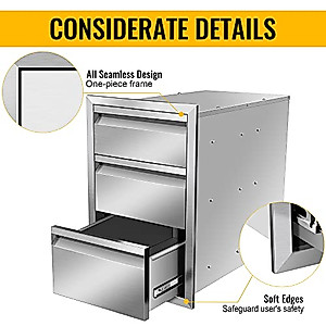 KODOM Outdoor Kitchen Drawers Stainless Steel Flush Mount BBQ Triple Drawers for Outdoor Kitchen Island, or Patio Grill Station (Overall Size:14" W x 21" H x 23" D inch)