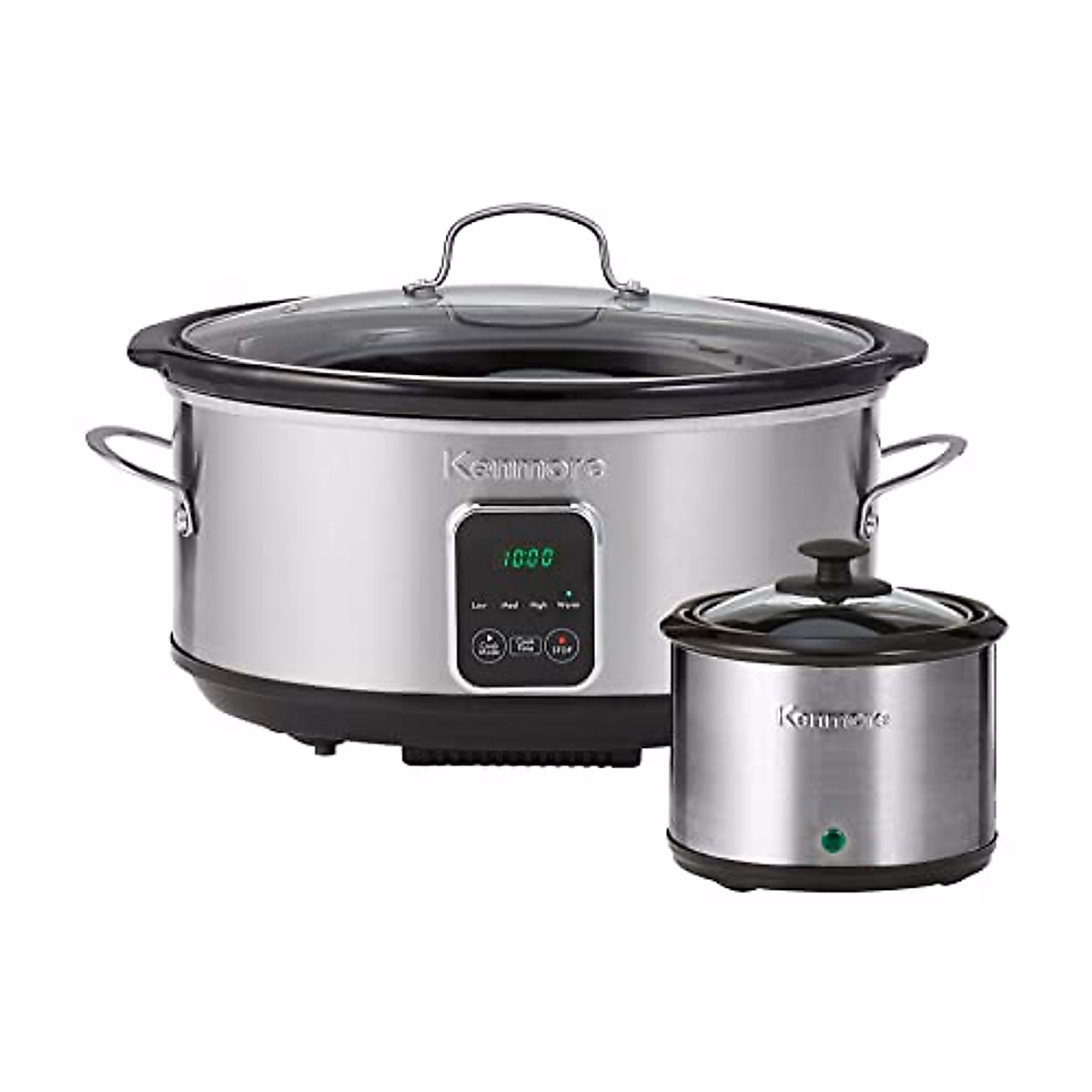 Kenmore Programmable 7 qt (6.6L) Slow Cooker with Dipper Sauce-Warmer, Black and Silver, Stainless Steel, Digital Display, One-Touch Controls, Braise, Simmer, Sous Vide, Stew, Soup, Chili, Curry
