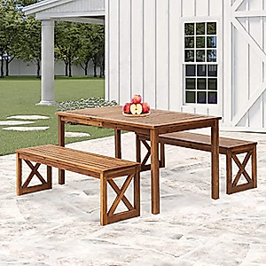 PayLessHere 3 Piece Acacia Wood Outdoor Dining Table and Bench Set Patio Bench Dining Table Outdoor Wooden Table & Bench Set for Backyard,Patio,Garden Outdoor Lounge Furniture,Nature