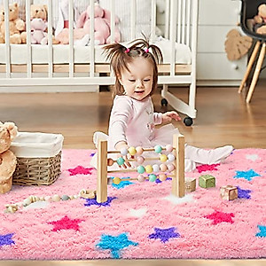ST. BRIDGE Soft Shag Rug for Girls Bedroom, Fluffy Bedroom Carpet for Princess Castle Baby Toddlers Kids Room Decor, Anti-Skid Fuzzy Cute Nursery Mats Living Room Dorm Plush Carpet, Pink 3 x 5 Feet