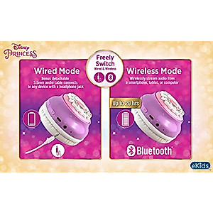 eKids Disney Princess Bluetooth Headphones with EZ Link, Wireless Headphones with Microphone and Aux Cord, Kids Headphones for School, Home, or Travel