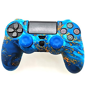 Silicone Skin Cover for Ps4 Controller (1pc Anti-Slip Case, 1 Pair L2 R2 Trigger Extender, 4pcs Thumb Grips,4pcs LED Light Bar Decal) Protector for DualShock PS4/ Slim/Pro Controller (sky blue&yellow)
