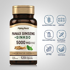 Piping Rock Panax Ginseng Capsules | 5000 mg | 120 Count | with Ginkgo Biloba | Vegetarian, Non-GMO, and Gluten Free Supplement