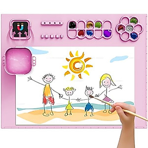 Silicone Mat for Painting 20"x16", Silicone Craft Mat Set with Magnetic Pop-Up Water Cup, Brush, Bag, 12 Color Dividers, Best Gift Chrismad for Family, Pink