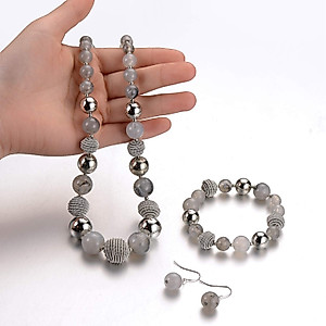 PEARL&CLUB Beaded Chunky Statement Necklace Earring and Bracelet Set Silver Metal Bead Fashion Jewelry Set Mothers’ Day Gifts for Women (Grey)