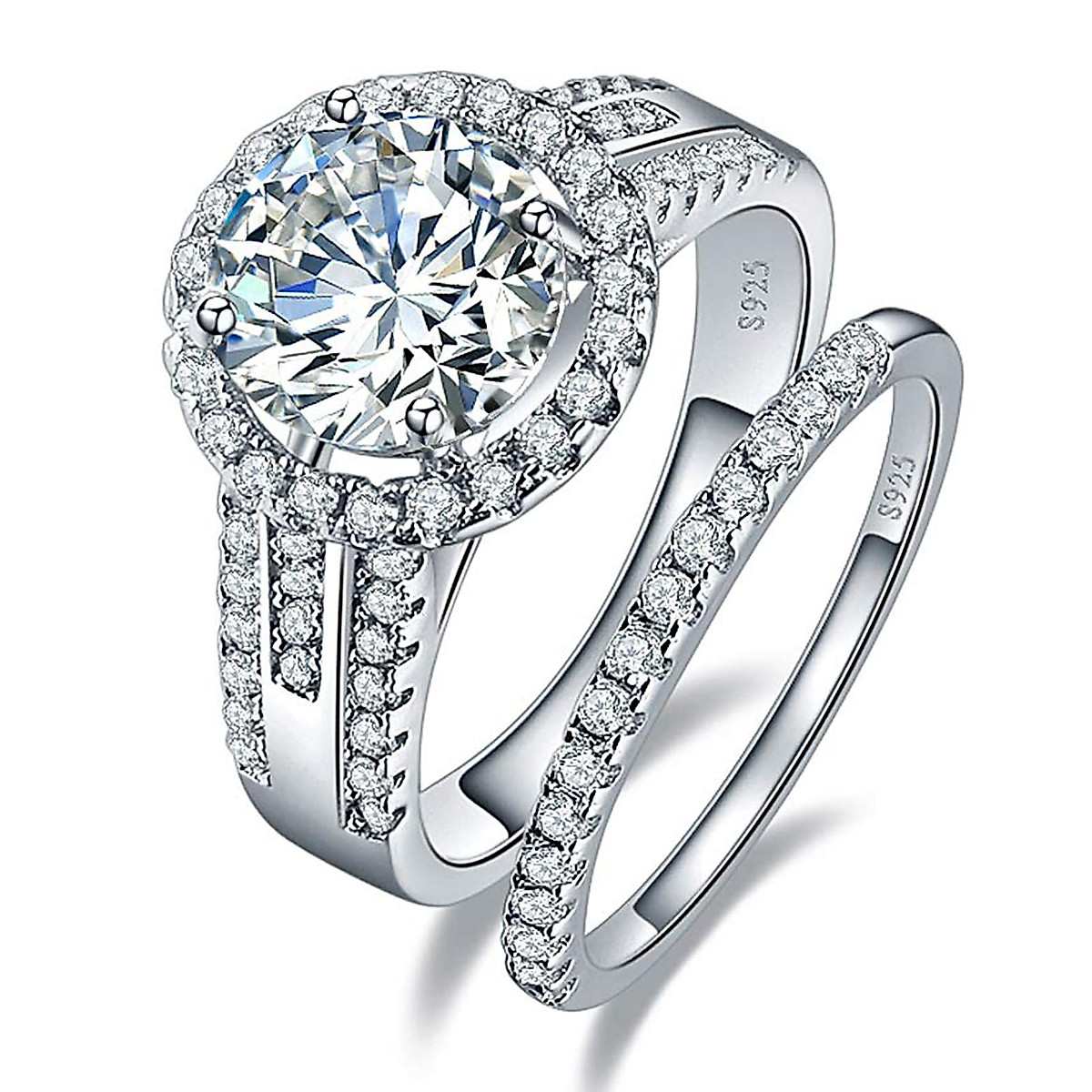 Yaresul 3.45ct Round Halo Women's Engagement Ring Sets 925 Sterling Silver Stackable Half Eternity Wedding Bands Stackable Cubic Zirconia Wedding Bands Rings Women Bridal Set Size 5