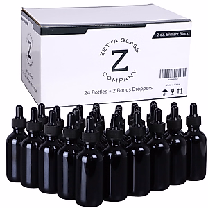 Brilliant Black 2-ounce Boston Round Tincture Bottles With Droppers- Black Glass Droppers for Essential Oils and Serums-Not Painted or Coated Complete UV Protection Bundled In 24 Pack For Bulk Needs