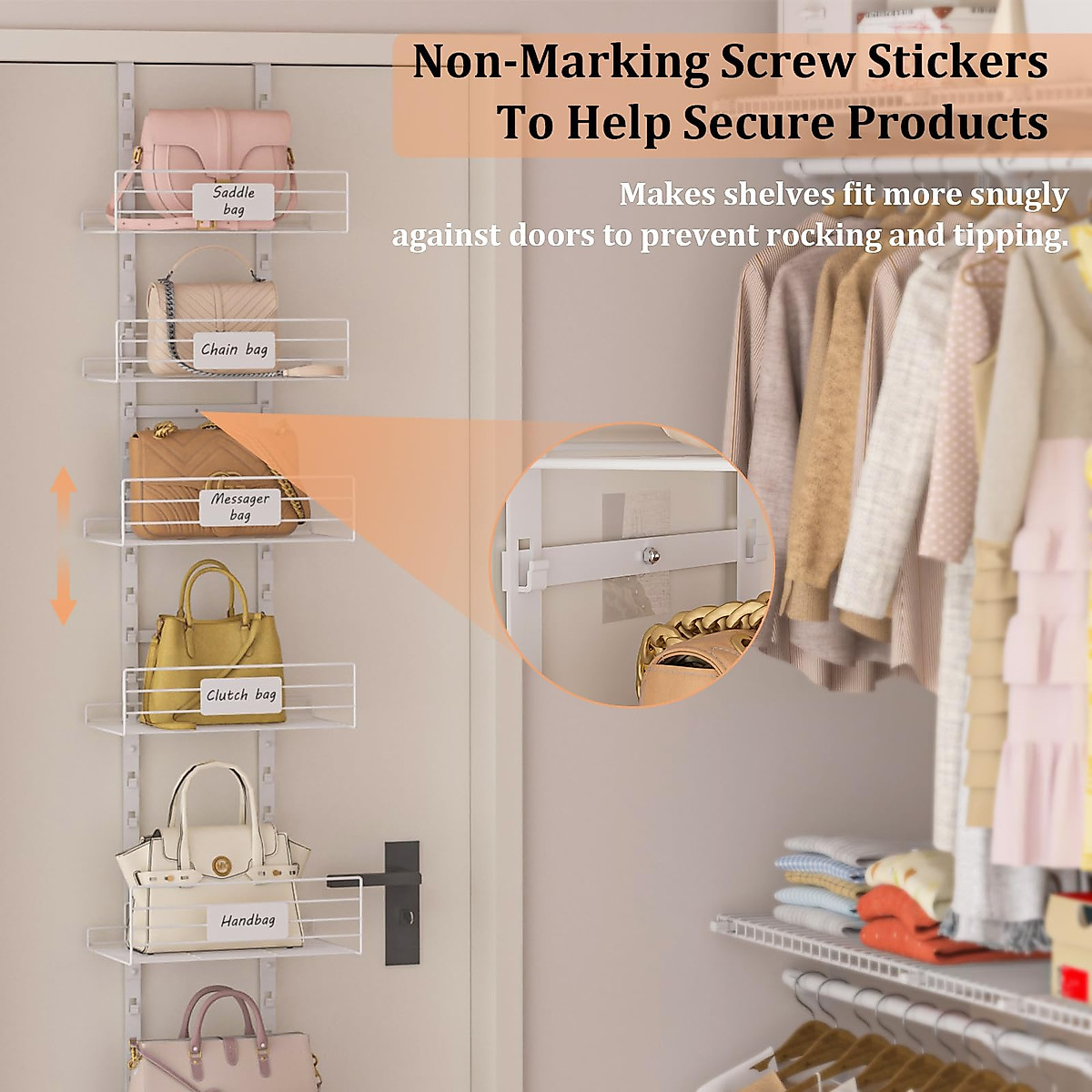 Aokitsink Hanging Purse Handbag Organizer Rack with Name Plate, Over The Door Detachable Bag Storage Rack - Can Use As 1/2 Part, Wall Mounted Adjustable Bag Rack with Stickers & Tapes, White