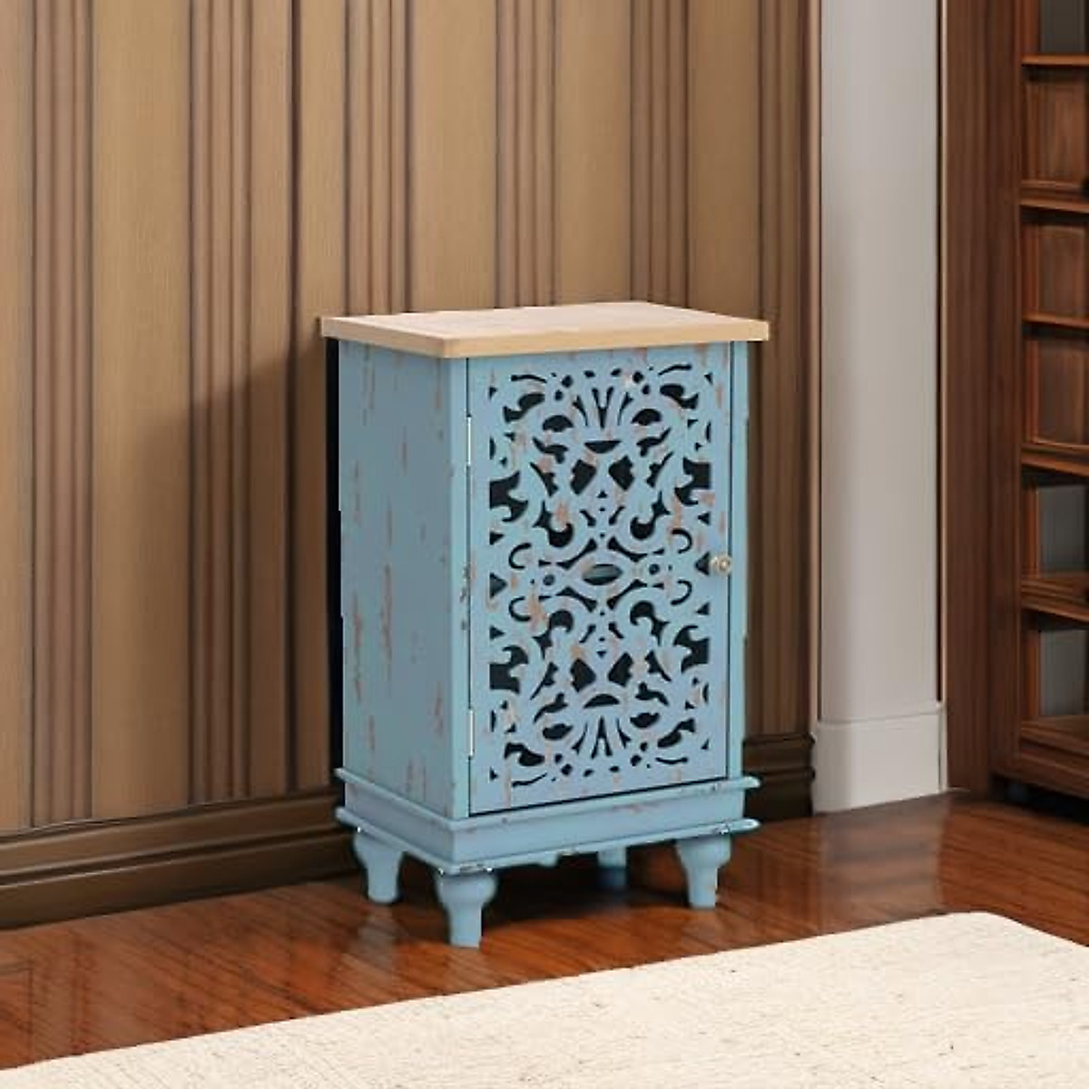 PHI VILLA Small Accent Storage Cabinet with Single Door - Decorative Nightstand for Living Room Bedroom, End Side Table Cabinet Blue