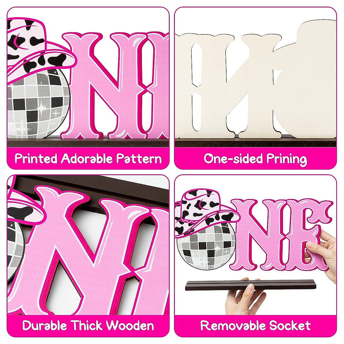 Western Disco Cowgirl ONE Letter Sign Table Wooden Centerpieces for Baby Shower Cow Print I’m ONE First Birthday Party Decor Photo Props for Baby Girls 1st Milestone Birthday Baby Decorate Supplies