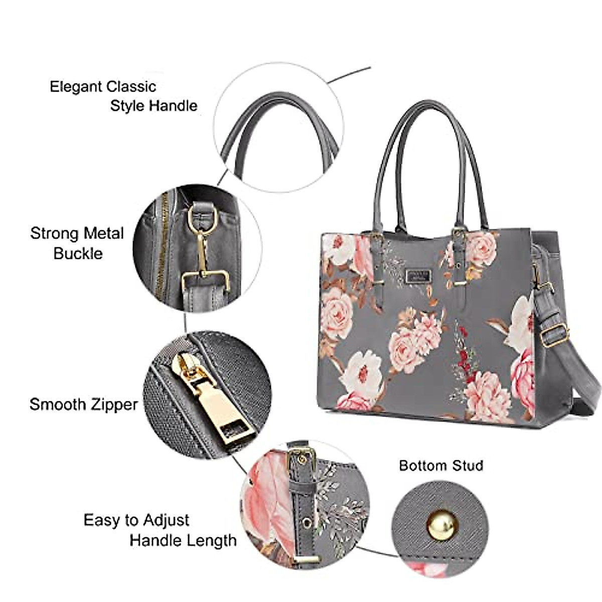 MOSISO Laptop Tote Bag Compatible with MacBook Air 15 inch M3 M2/Pro 16 M4 M3 M2 M1 & 15-15.6 inch Notebook, Peony Waterproof PU Leather Travel Work Briefcase with Adjustable PU Handle, Grey