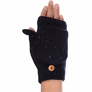 Be Your Own Style BYOS Womens Winter Soft Warm Plush Fleece Lined Convertible Fingerless Marble Speckled Knit Mittens Gloves Glittens W/Thumb Flaps (Black)