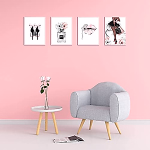 Watercolor Fashion Women Wall Art Glam Poster Modern Artwork for Girls Bedroom Pink Flowers Perfume Handbag High Heel Lips Paintings for Women Room Bathroom Gift (8x10 inch，Set of 4，Unframed)