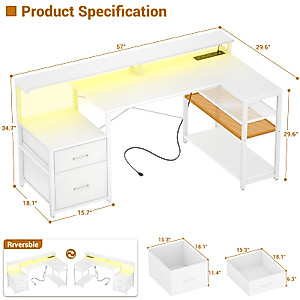 Aheaplus L Shaped Desk with File Drawer, Reversible L Shaped Computer Desk Gaming Desk with Power Outlet & LED Strip, Home Office Desk with Monitor Shelf, Corner Desk with Storage Shelves, White