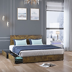 Mjkone California King Size Bed Frame with Storage, Rustic Cal King Size Platform Bed with Headboard, Platform Bed Frame with 4 Drawers, Wood Slat Support, No Box Spring Needed, Easy Assembly