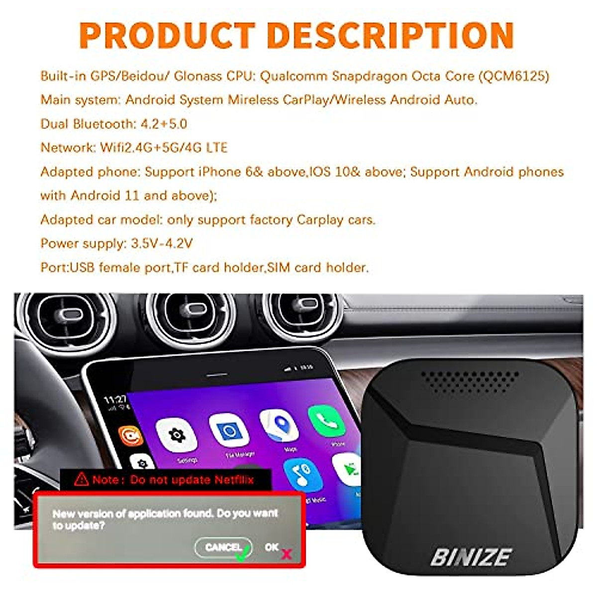 Binize Android 12 Multimedia Video Box Support Wireless Carplay&Android Auto, Carplay AI Box Carplay Streaming Support YouTube,Netflix