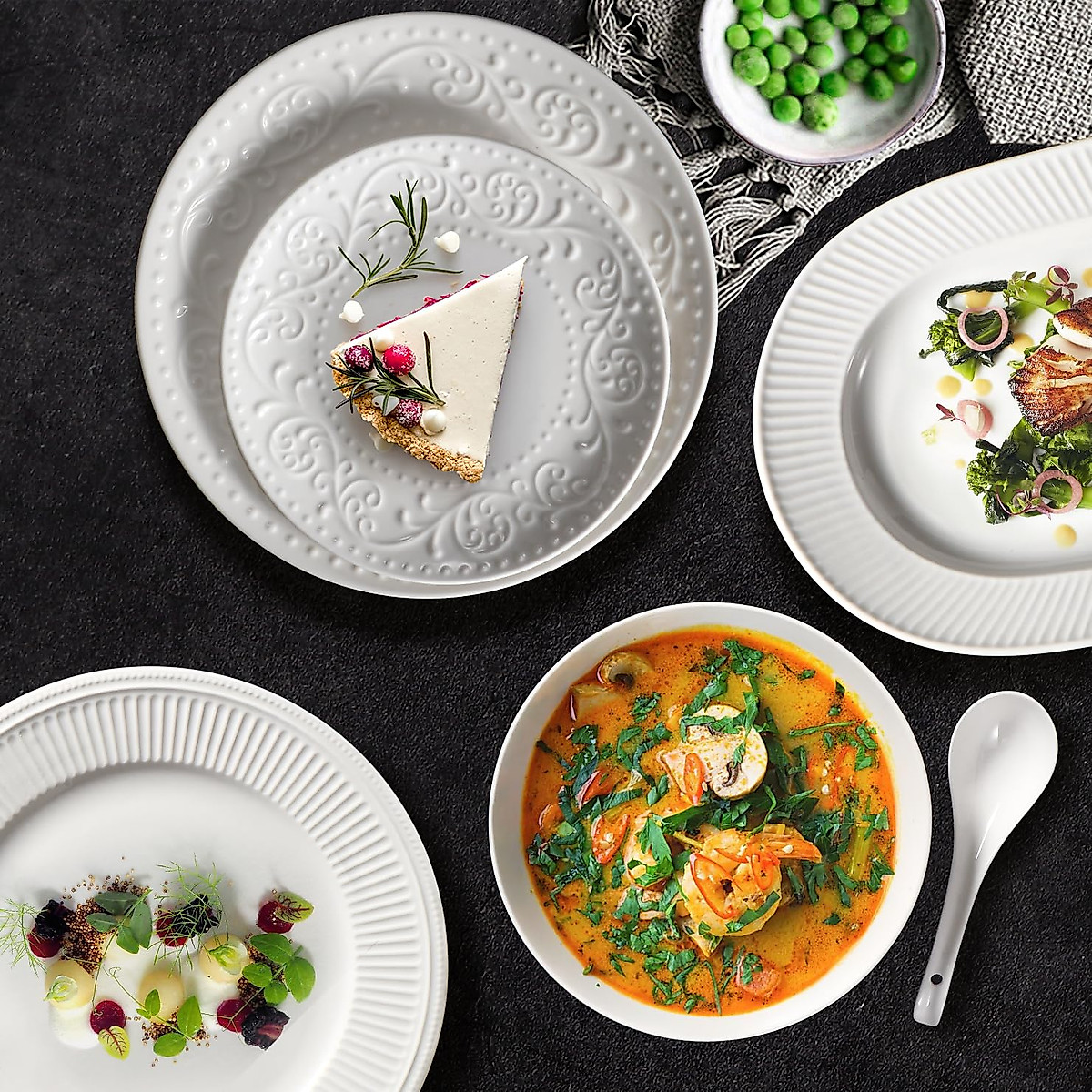 Artena Embossed Ceramic Salad Plates, White Dinner Plates 8.25 inch, Kitchen Plates Set of 4, Pasta Plate for Appetizer, Dessert, Serving Dishes for Entertaining, Party, Microwave/Oven/Dishwasher Safe