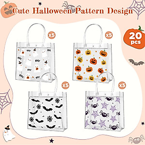 Aliceset 20 Pcs Halloween Clear Gift Bags with Handles Trick or Treat Plastic Bags Cute Pumpkin Halloween Tote Bag for Ghost Spider Party Favor Bags for Halloween Party Gifts Supplies, 8x8x3.15 Inch