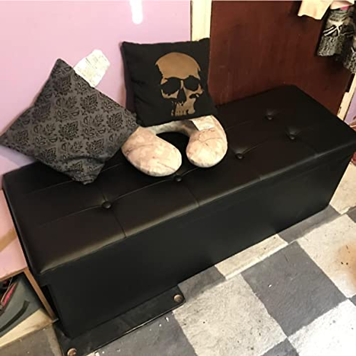 KEYWORD FAMILY 43 in Folding Leather Storage Ottoman Bench, Rectangular Black Footrest， Foam Pouf Tray Footstool with Storage, for Living Room, Bedroom& Hallway