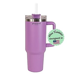 Practical Pours 40 oz Tumbler with Handle and Straw Lid | Reusable Stainless Steel Water Bottle Travel Mug Cupholder Friendly | Mother's Day Gifts for Women Men Him Her | Lavender Purple, 40oz