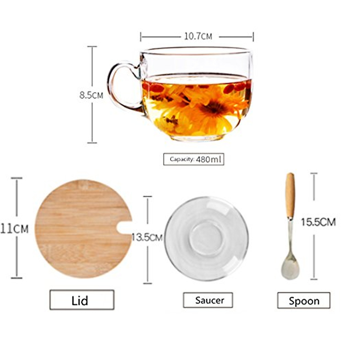 16oz Morning Mug Clear Glass Tea Cup Coffee Mug with Bamboo Lid and Saucer,Spoon