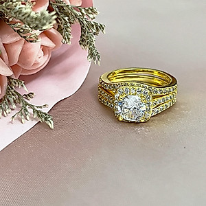 YOYEEWYNS 18K Gold Plated Anniversary Rings Engagement Wedding Band for Women Three-in-One Halo Cubic Zirconia Bridal Set Size 7