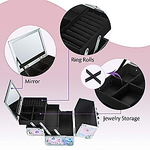 Joligrace Makeup Train Case for Girls Cosmetic Box Kids Jewelry Organizer Hair Accessories Storage Lockable with 2-Tier Trays & Mirror Mermaid Princess