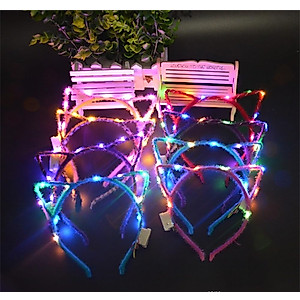 REQO 10 Pieces Cat Ears Headbands Set,LED Cute Cat Light Up Head Accessories,Glowing Girls Headdress Party Supplies For Night Clubs, Raves, Concert Party,Christmas,Halloween,Adults,Kids (10pcs-A)