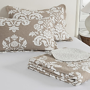 BCOTTOND Queen Size Quilt - 100% Cotton Queen Quilt Set Farmhouse Floral Bedspread Queen Size Lightweight Reversible Quilt Bedding Set for All Season Tan Khaki White 3-Piece