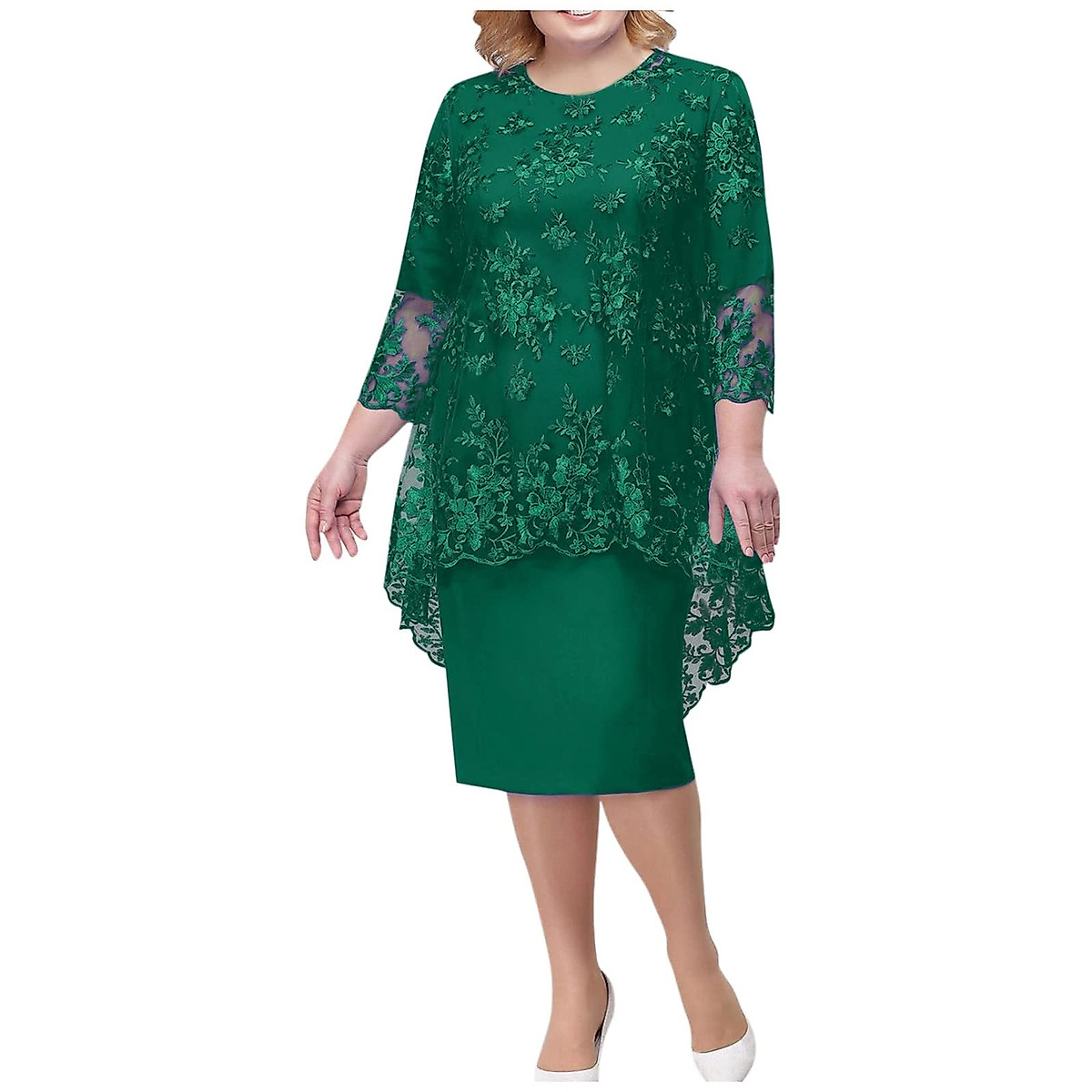 ADHOWBEW Wedding Guest Dresses for Women Plus Size Lace Chiffon Two Piece Set Dress Elegant Long Sleeve Midi Dress Vestidos Elegantes De Mujer para Fiesta Mother of The Bride Dresses Medium Green