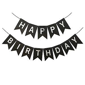 Runhiskii Black Happy Birthday Banner, Durable Happy Birthday Sign with White Silver Letters for Birthday Party Decorations