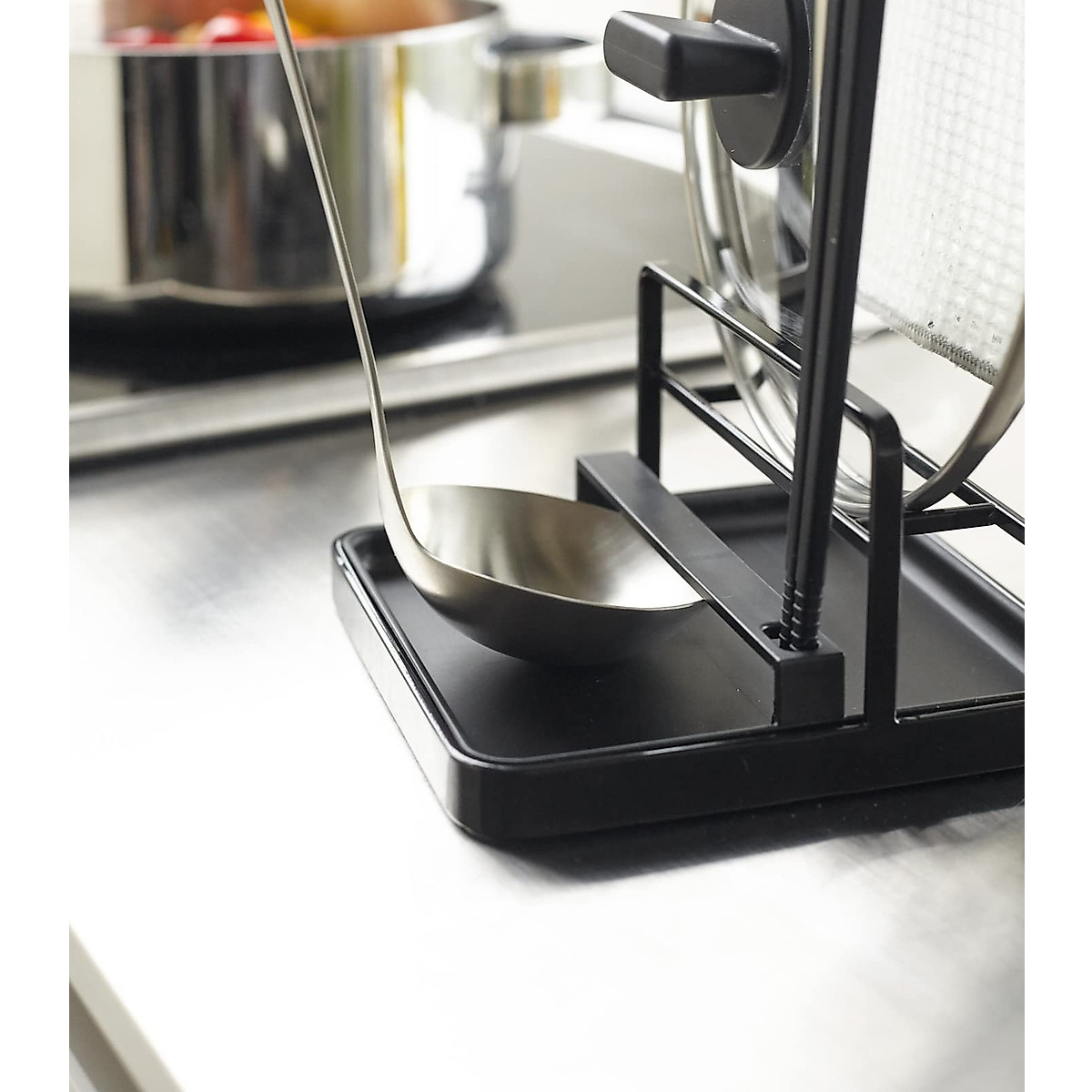 Yamazaki Lid & Ladle Home Cooking Tool and Lid Station-Kitchen Utensil Organizer Stand | Steel | Stovetop, One Size, Black