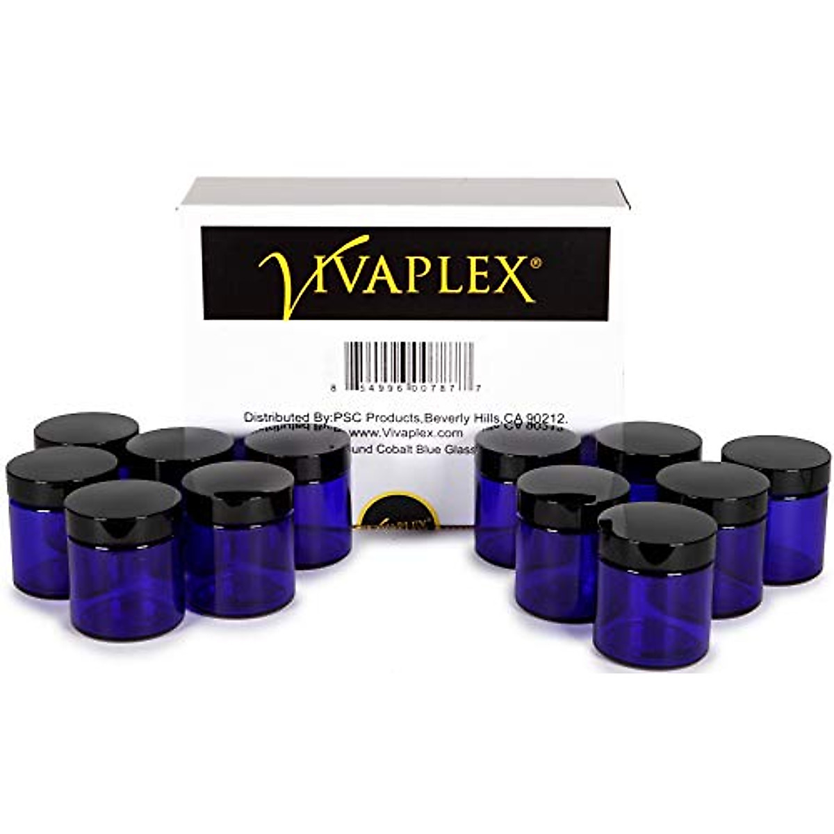 Vivaplex, 12, Cobalt Blue, 4 oz, Round Glass Jars, with Inner Liners and Black Lids
