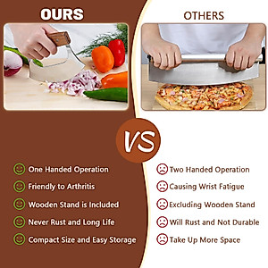 KAYCROWN Mezzaluna Ulu Knife, Pizza Cutter Rocker, Alaskan Ulu Knife with Wooden Stand, Mezzaluna Knife Salad Veggies Rocker Chopper Slicer Cutter Stainless Steel Blade, Kitchen Mincing Knives