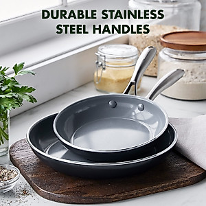 GreenPan Swift Healthy Ceramic Nonstick, 8" and 10" Frying Pan Skillet Set, Stainless Steel Handles, PFAS-Free, Dishwasher Safe, Oven Safe, Black