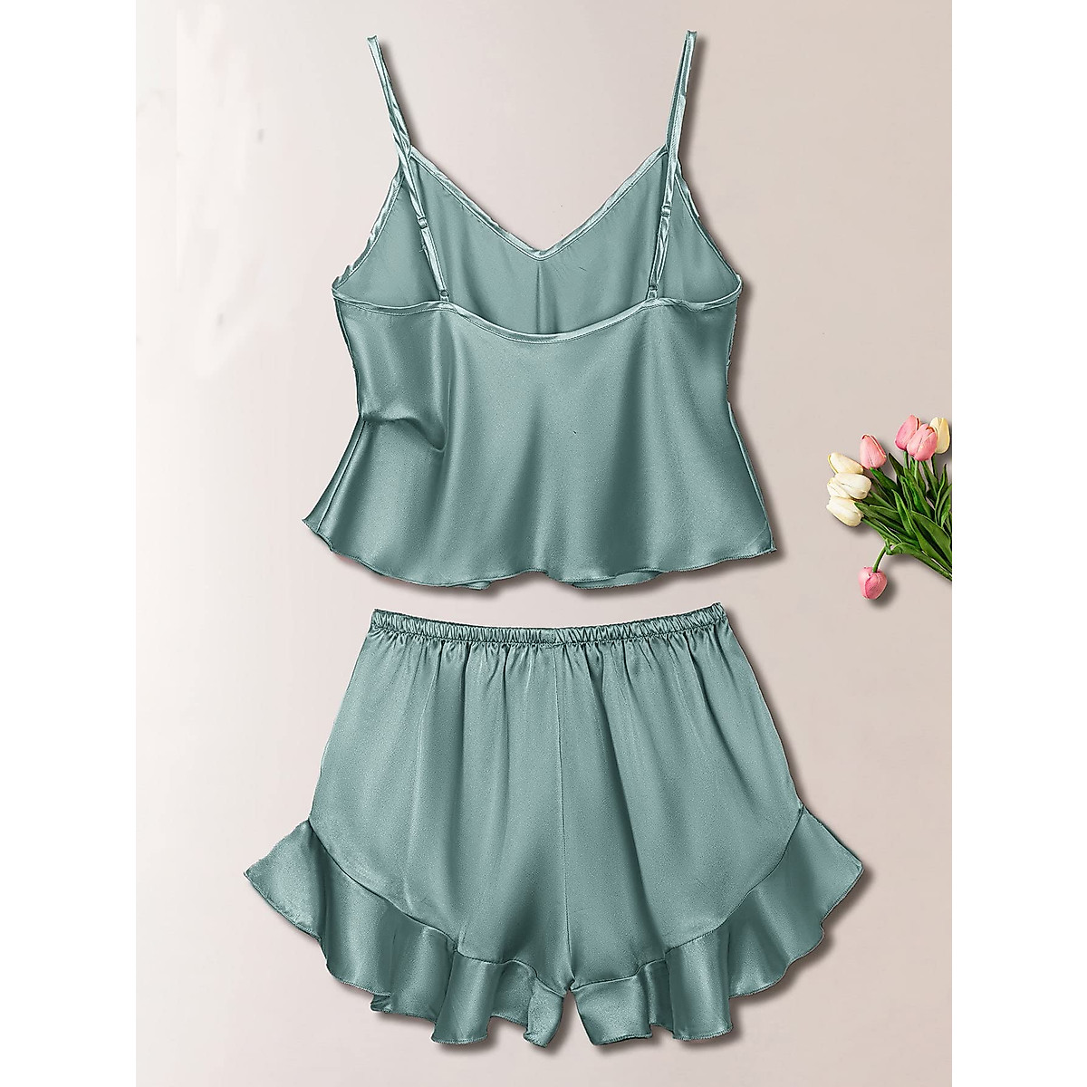 SOLY HUX Women's Sexy Silk Satin Ruffled Pajamas Sets Cami Shorts Sets Sleepwear Cadet Blue L