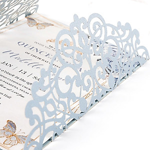 Maffily 50pcs Laser Cut Wedding Invitation Pockets 5x7 '' Dusty Blue Wedding Invitations Kit With Envelopes Blank Inner Sheet and Ribbon for Wedding Bridal Shower Quinceanera Engagement Party Invite