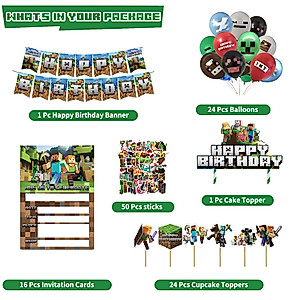 Pixel Style Gamer Birthday Party Supplies for Game Fans, 125 Pcs Birthday Party Decorations for Kids - Banner, Cake and Cupcake Toppers, Balloons, Bracelets, Invitation Cards, Gamer Sticker