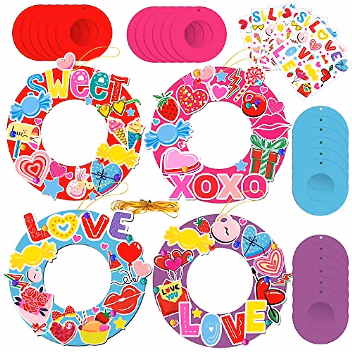 chiazllta 24 Pcs Valentine's Day Wreath Craft for Kids, Preschool DIY Valentines Paper Art Craft Kit with Hearts Stickers Bulk Classroom Home Indoor Game Activities