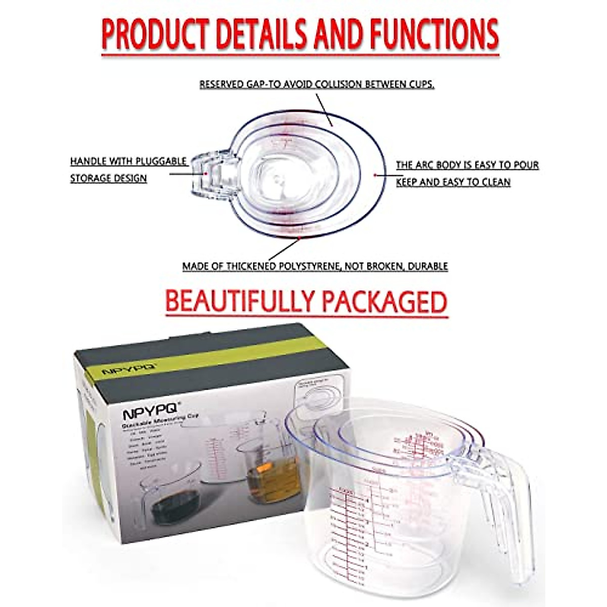 NPYPQ 3 Piece Measuring Cup Set, Includes 1-Cup, 2-Cup, and 4-Cup Clear Plastic Liquid Measuring Cups Easy to Read, Essential Kitchen Tools