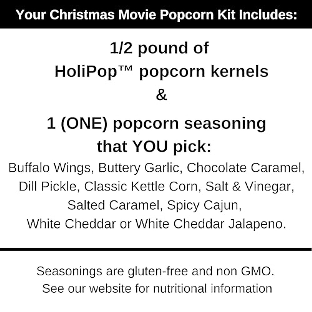 Christmas Movie Popcorn Kit - Half-Pound of Holipop Popcorn and Salt and Vinegar Seasoning