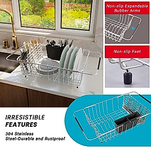 KESOL Over The Sink Drying Rack, Expandable Dish Rack with 2 Utensil Holders (1 Plastic & 1 Steel), 304 Stainless Steel Drying Rack for Kitchen Sink with Anti-Scratch Base, Rustproof Dish Drainer