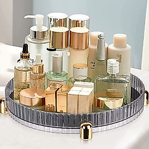 WJWSKI Lazy Susan Organizer 11", 360 Degree Rotating Turntable for Cabinet with 4 Gold Non-Slip Base, Round Spice Rack for Kitchen, Cologne Organizer for Men, Makeup Perfumes Vanity Tray - Clear