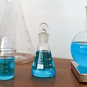 HUAOU 250ml Glass Erlenmeyer Flask Set, 3pcs Laboratory Glassware Flask with Glass Stopper for Chemistry Classroom Home Use, 3.3 Borosilicate Labware Science Flask, Narrow Mouth, Printed Graduation